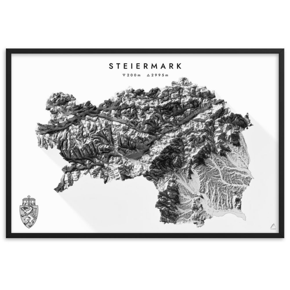 🗺🇦🇹 Steiermark 3D-Relief Schwarz-Weiß Kunstdruck – CraftYourMap